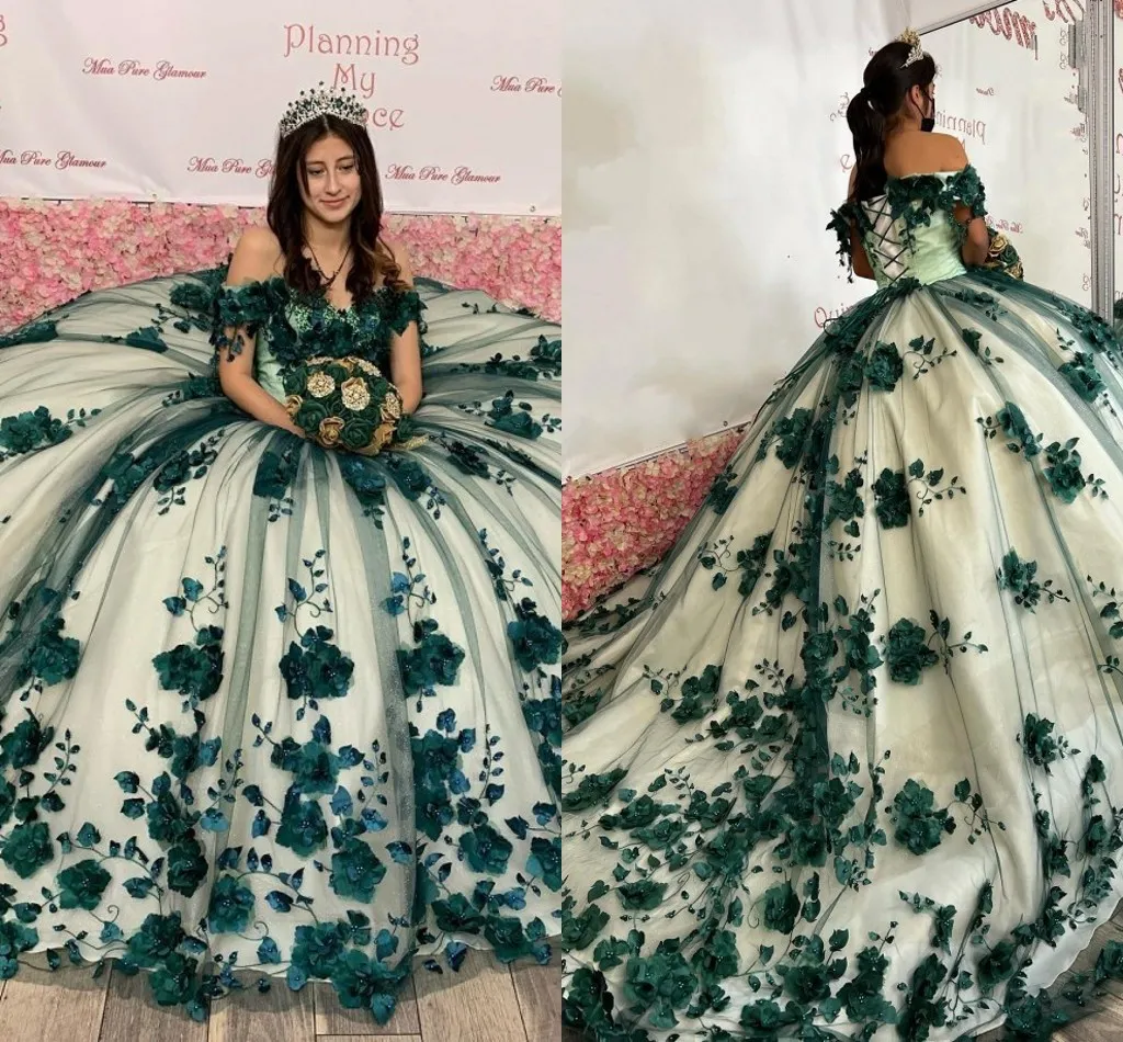 2024 Emerald Green 3d Flores Vestidos De Quinceanera Apliques Florres ...