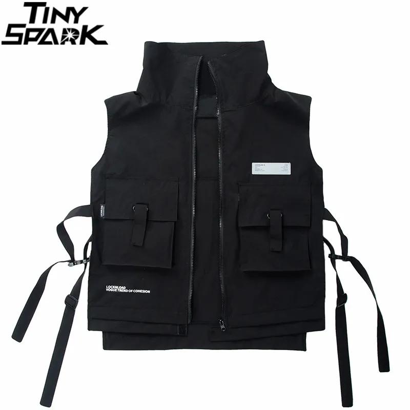 Men Hip Hop Combat Vest Cargo Jacket Streetwear Harajuku Buckle Ribbon ...