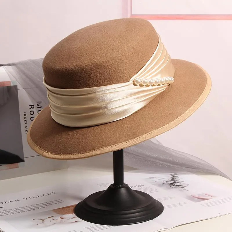 Hot Sale Retro Hepburn French Pearl White Wool Fedora Hat With Wide ...