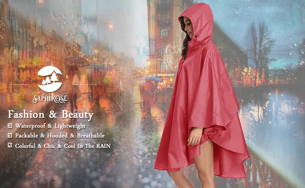 SaphiRose Women's Raincoat Poncho Zippered Hooded Waterproof Rain ...