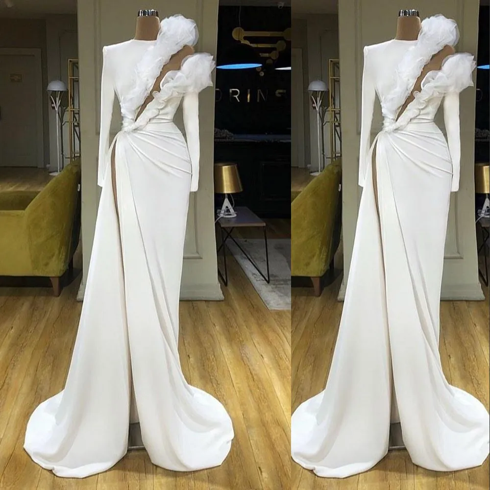 Satin A-Line Wedding Dress with Long Sleeves and High Side Split for ...