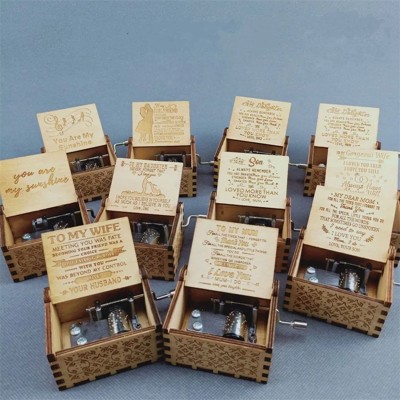 Wood Musical Box Drive Hand Shake Carving Letter Music Box Drivees ...