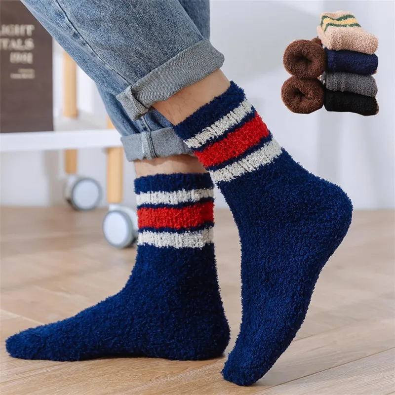 DHgate.com:Fuzzy Coral Fleece Socks for Men, Striped Winter Warm Casual ...