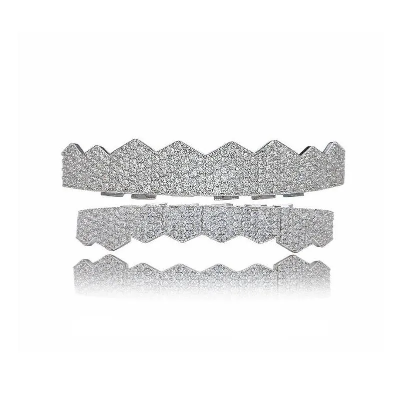 DHgate.com:18K Gold Full Zircon Teeth Grillz Top & Bottom Silver Color ...