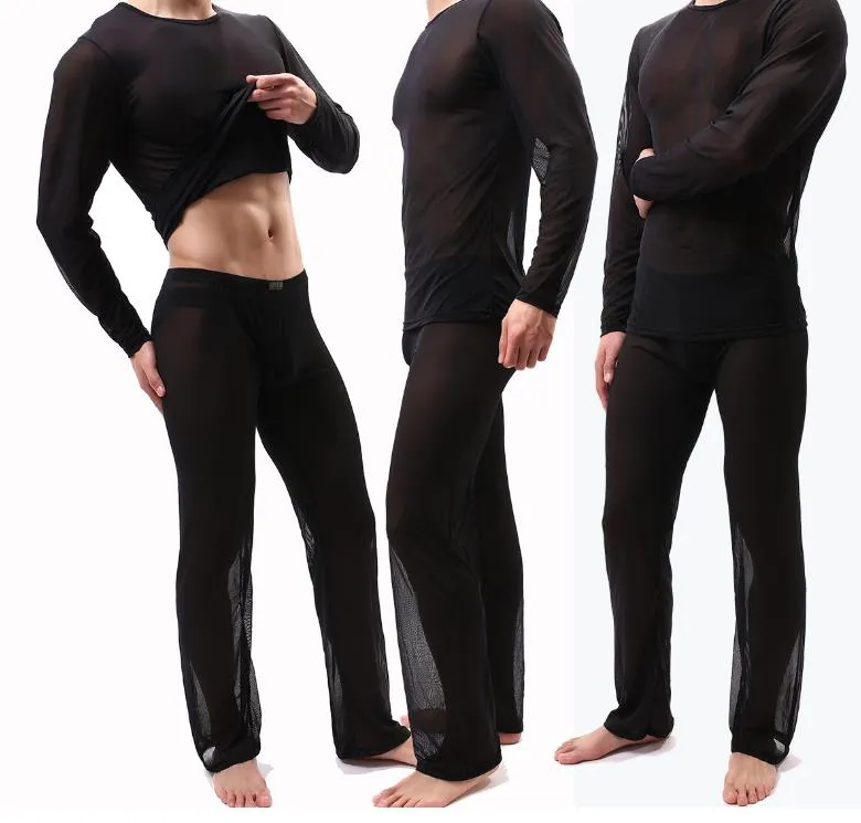 DHgate.com:Mens Perspective Mesh Sheer Pajamas Set Long Sleeve Round ...