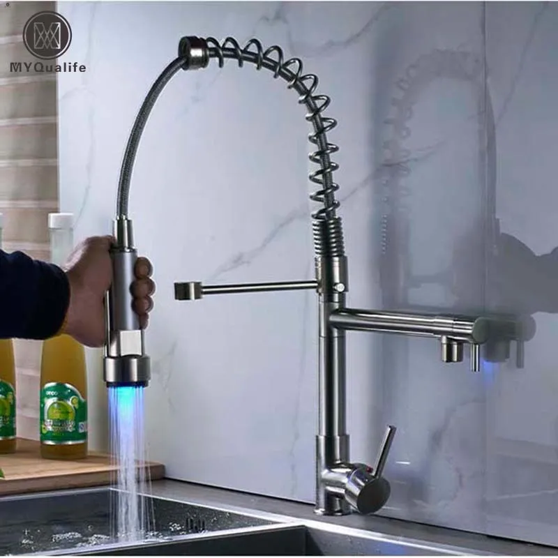 Kitchen Faucet With LED Light Brushed Pull Down Spring Kitchen Mixer ...