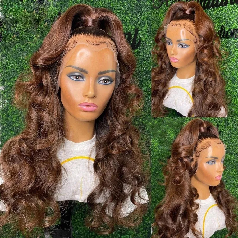 Peruvian Remy Human Hair Wig Chestnut Brown Medium Length Deep Wave 360 ...