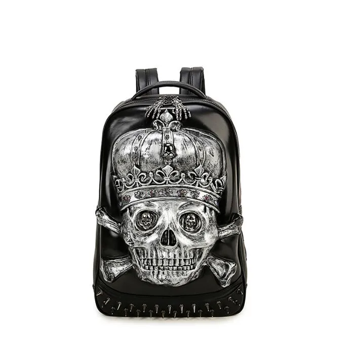 3D Embossed Crown Skull Mens Backpack Durable Laptop Bag With Rivet ...