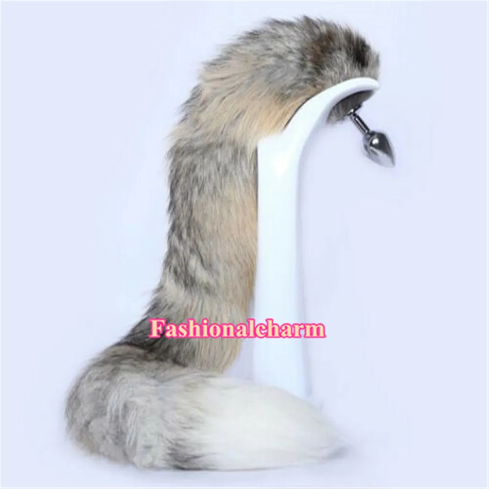 70cm/27.5 Real Genuine Golden Island Fox Fur Tail Plug with Stainless ...