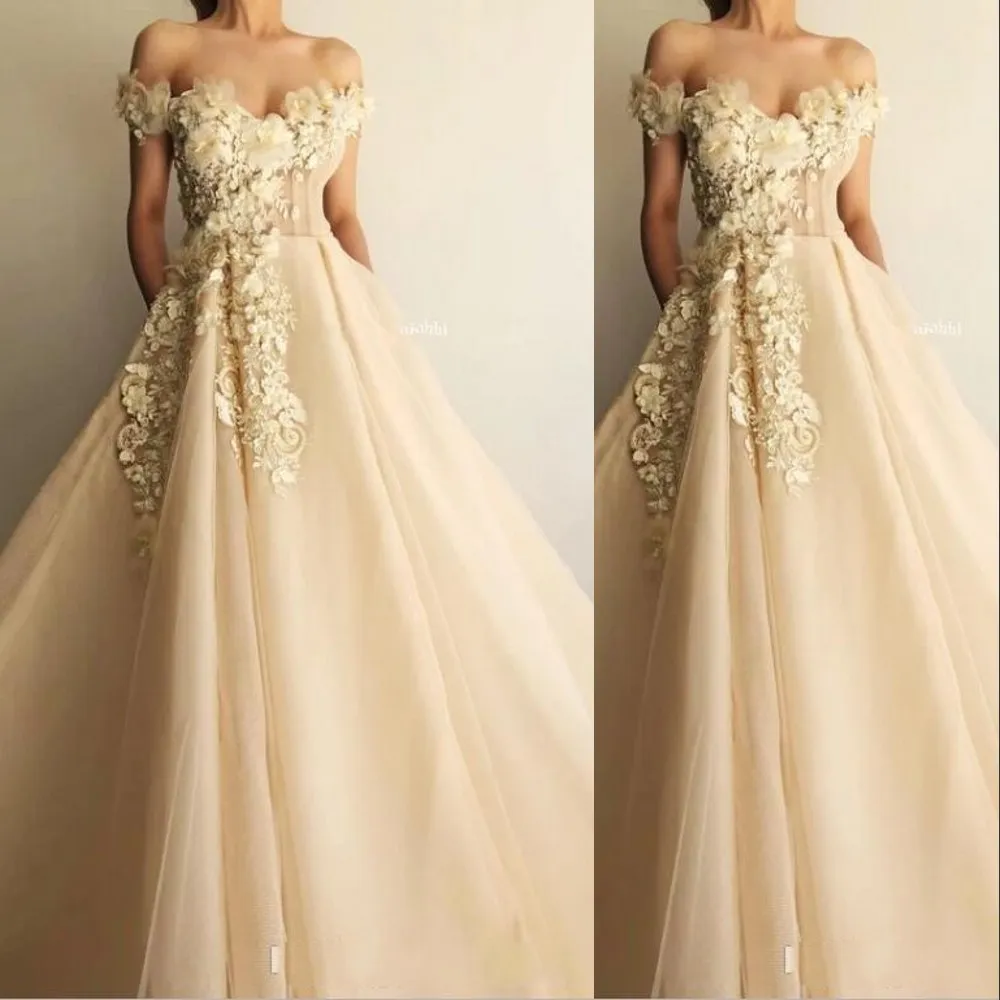 Champagne Off Shoulder Lace Appliques Beaded 3D Floral Tulle Prom ...