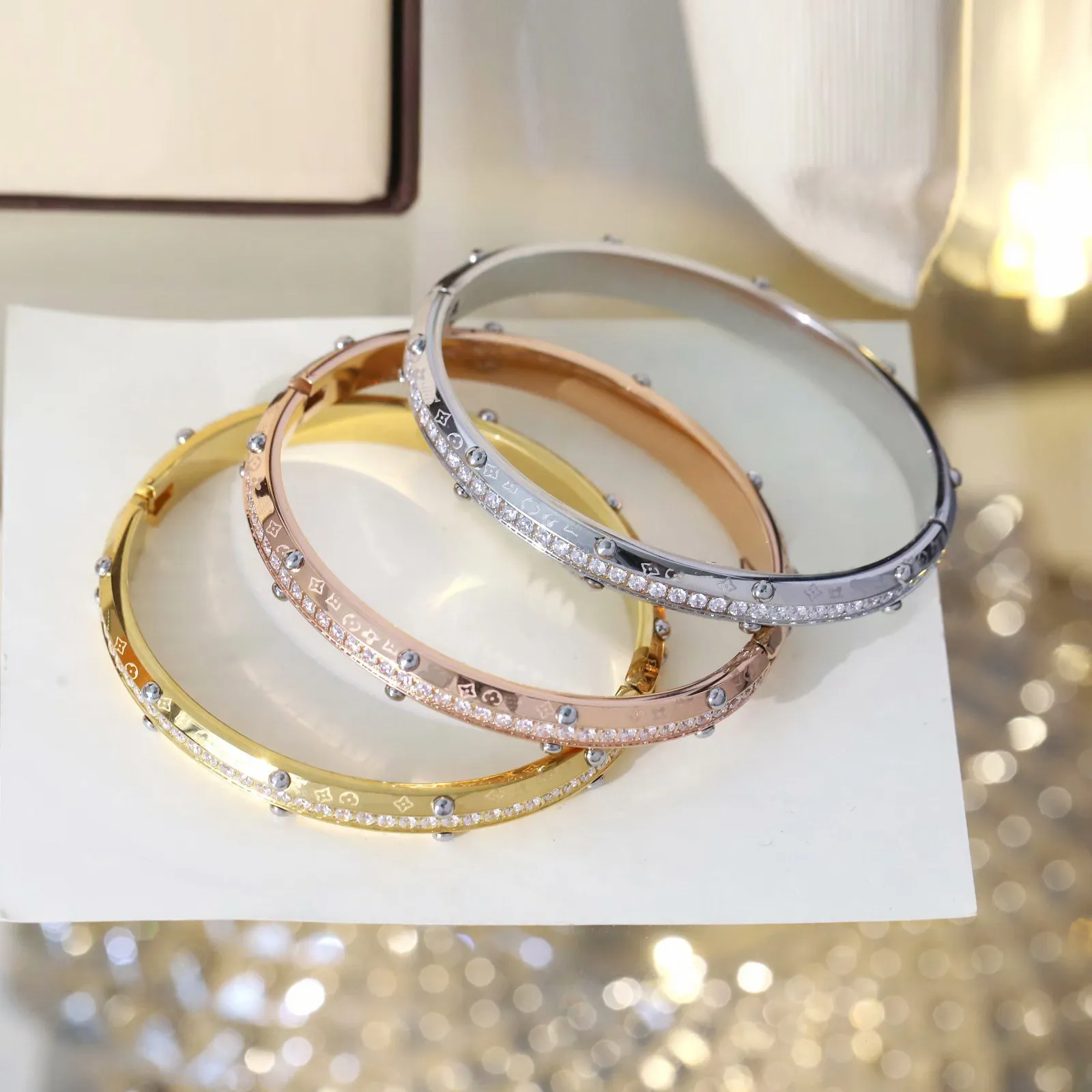 Engraved Initials Floral Diamond Rivets Bangle Bracelet In Titanium ...