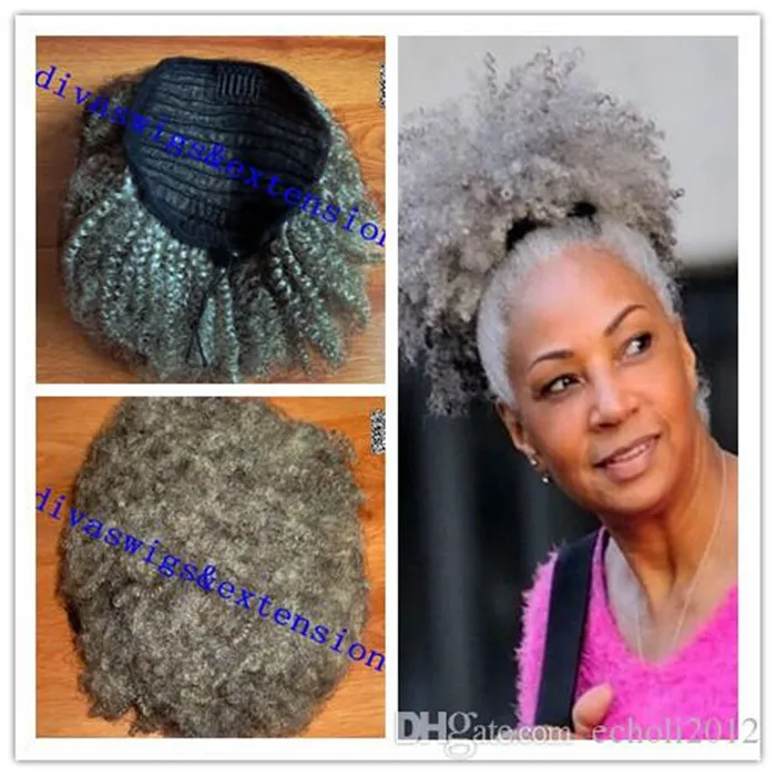 Drawstring Ponytail Human Hair Extension: Gray Human Hair Piece Puff Bun Silver Salt & Pepper ...