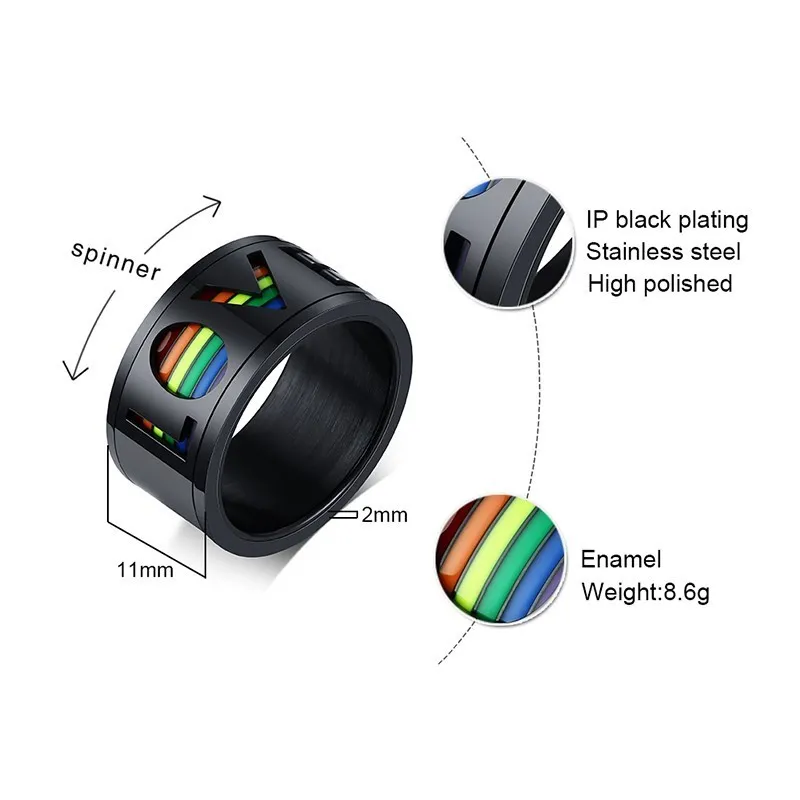 Mens Spinner Love Ring With Enamel Rainbow Inlay Stainless Steel Gays