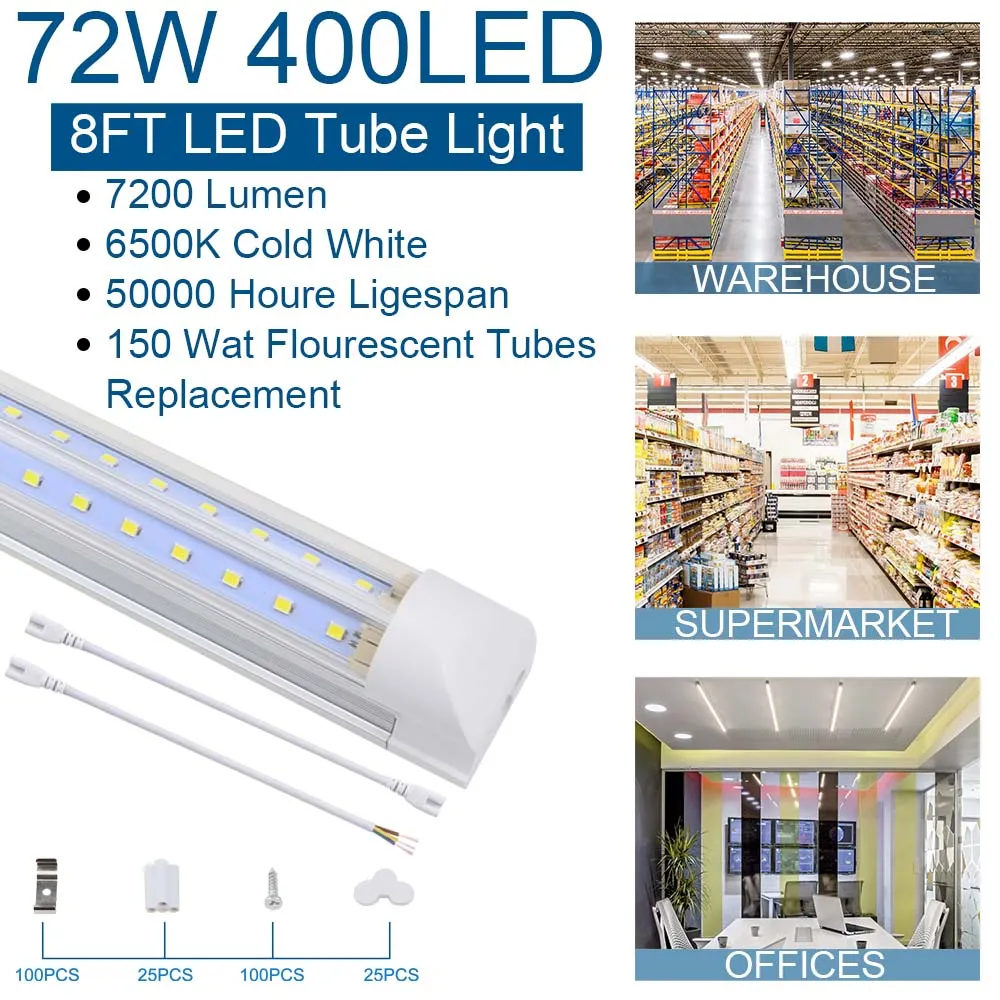 LED Shop Lights 8FT Integrated T8 Fixture Tube Light Cold White Clear ...