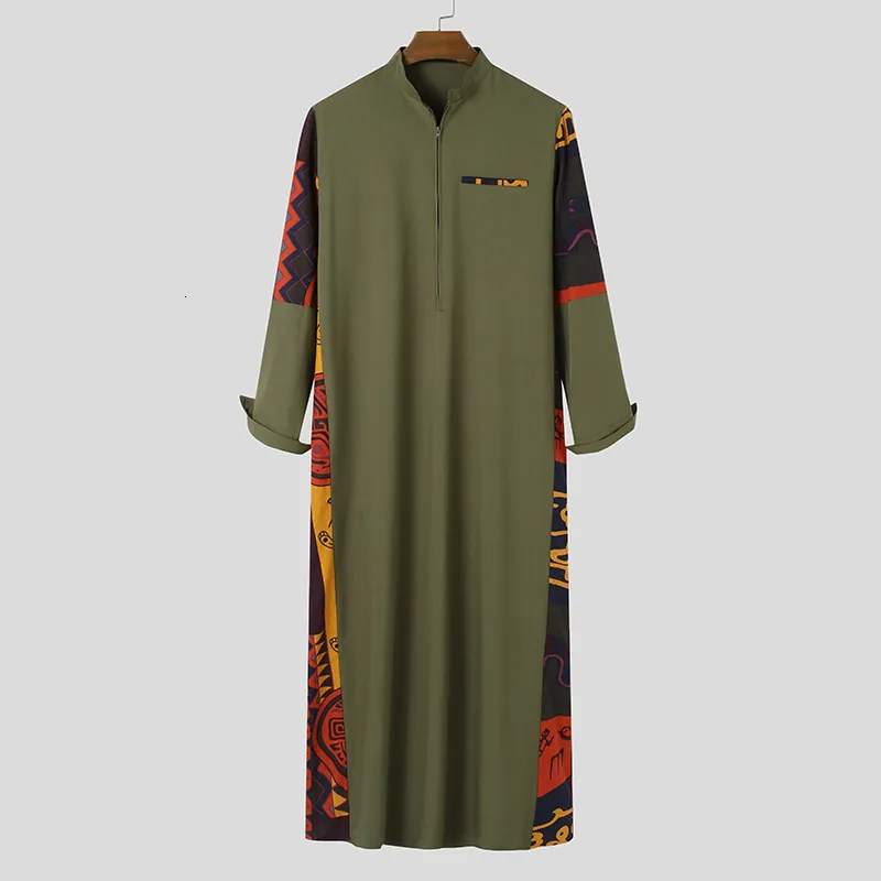 INCERUN Muslim Men Kaftan Islamic Robes Long Sleeve Stand Collar Patchwork Vintage Casual Jubba ...