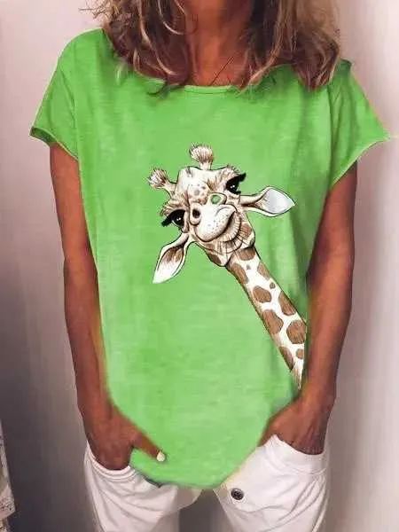 Cute Giraffe Print T-Shirt - Women's Summer Fashion Top, Comfy Short ...