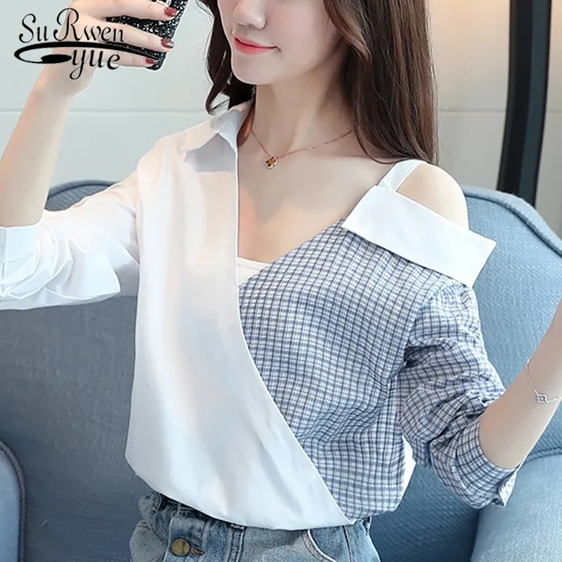 Women's Summer Long Sleeve V-Neck Sexy Blouse, Strapless Floral Plaid ...