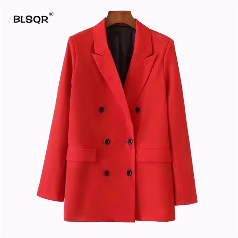 BLSQR Women Red Double-Breasted Polyester Blazer Jacket with Button ...