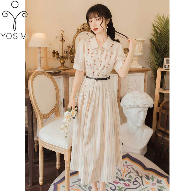 YOSIMI Skirt And Top Set Summer Women's Embroidered Shirt & Striped Mid ...