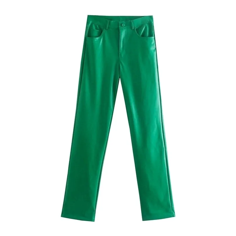 Women Green Faux Leather Zipper Fly Pants Mid Waist 35 in Casual ...