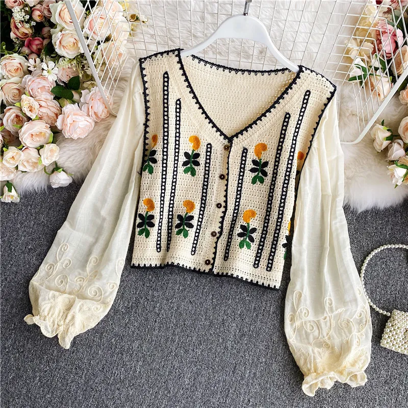 Retro Hollow Embroidery V-neck Long Shirt for Women: Spring & Autumn ...