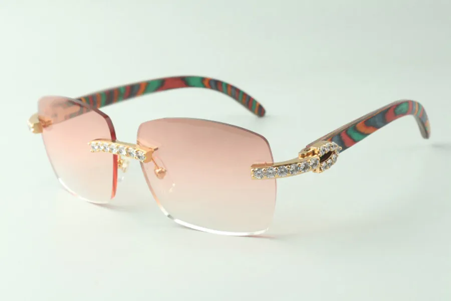 Diamond lens sunglasses with peacock wooden alloy temples, frameless ...