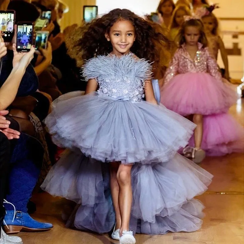 Sky Blue Hi-Lo Feather Beaded Tulle Girls Pageant Dress with Bateau ...