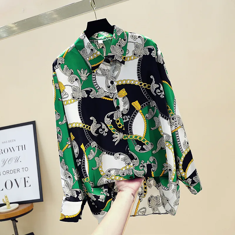 Retro Chain Print Chiffon Blouse For Women Loose Fit, Long Sleeve ...