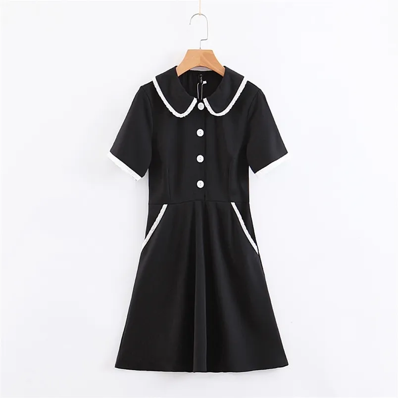 Estilo Preppy Meninas Bonitos Peter Pan Collar Botão Mini Vestido Doce ...