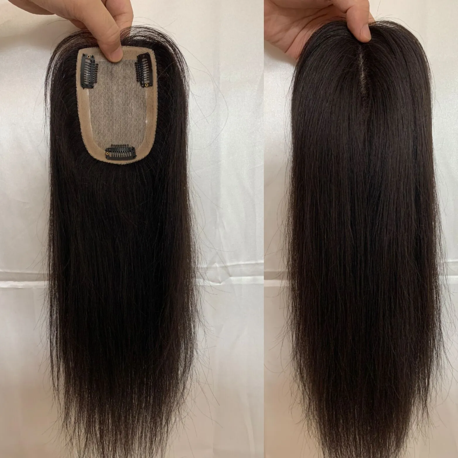 Premium Human Hair Topper - Natural Black Straight Clip-in Piece - Silk ...