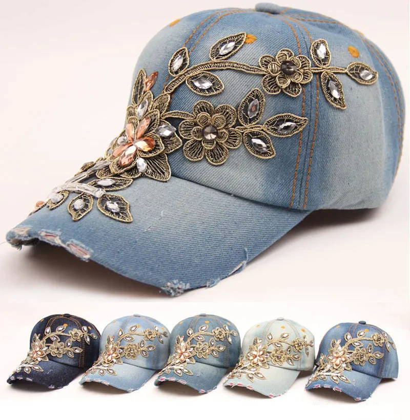 Summer Women Sun Hats Adjustable Denim Baseball Caps with Sequins ...