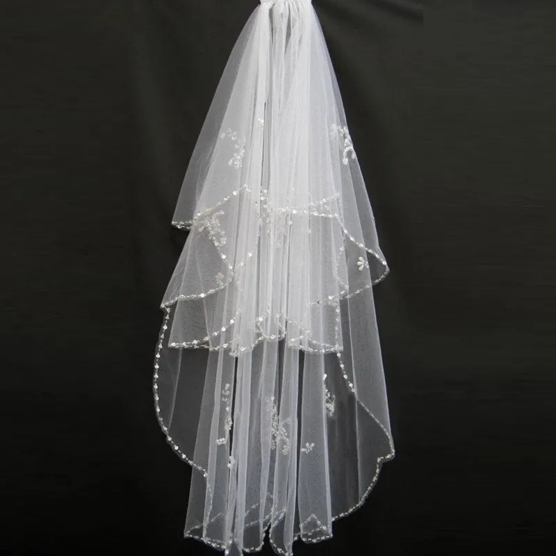Elegant Short Wedding Veil with Comb - Ivory/White, Two-Layer Ribbon ...