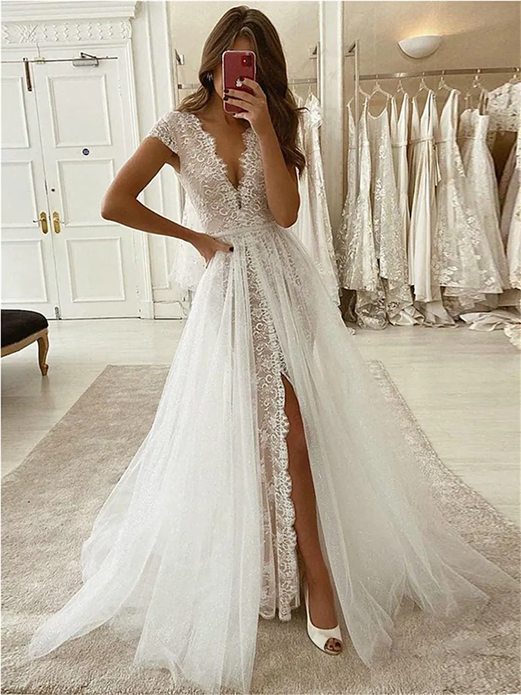 High Split Deep V-Neck Lace Tulle Bridal Dress with Overskirt for Beach ...