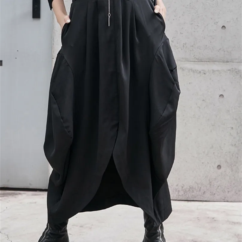 EAM Black Asymmetrical High Elastic Waist Mid-Calf Casual Skirt for ...