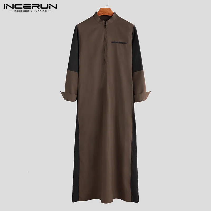 INCERUN Muslim Men Kaftan Islamic Robes Long Sleeve Stand Collar Patchwork Vintage Casual Jubba ...