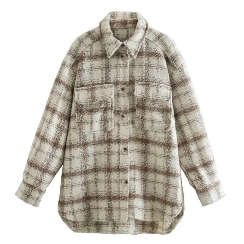 Beige Plaid Shirt Jacket for Women with Button Closure and Pockets ...