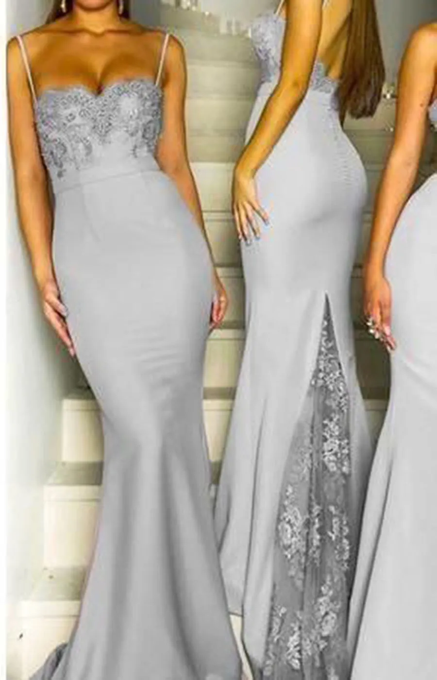 Elegant Silver Grey Satin Floor-Length Bridesmaid Dress with Lace ...