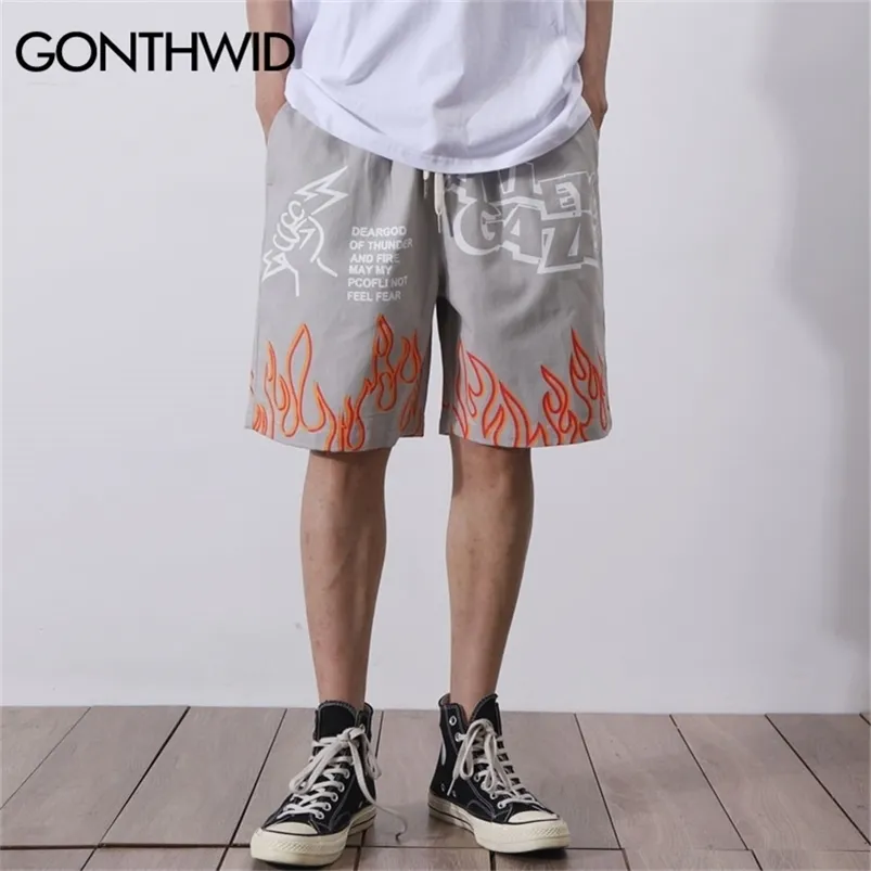 Gonthwid Fire Flame Print Shorts, Streetwear Summer Hip Hop Casual ...