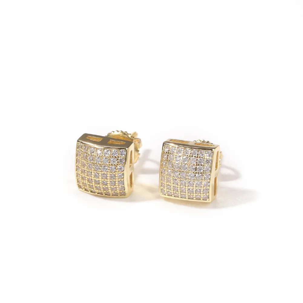 Gold Square Simulated Diamond Stud Earrings Mens - 925 Silver Hip Hop ...