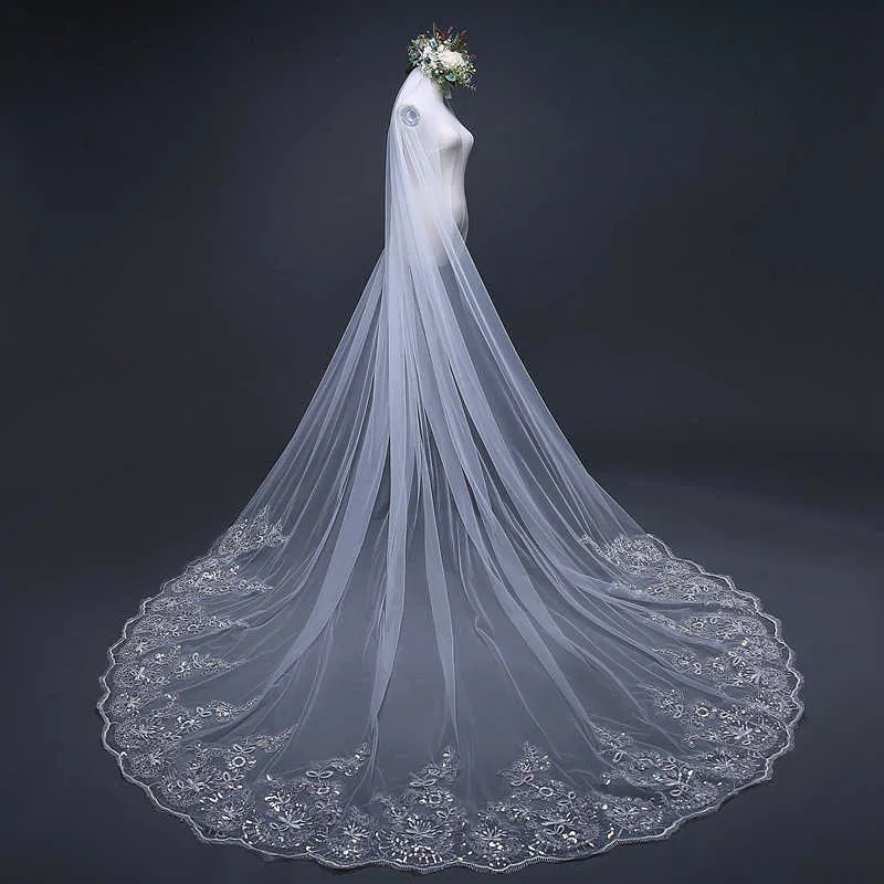 Long Cathedral Wedding Veil with Lace Edge & Comb - 3/4/5 Meter Ivory ...
