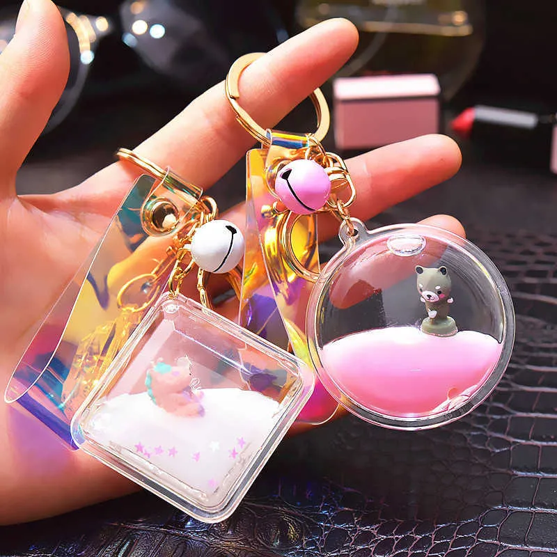Women's Keychain Liquid Filled Bottle Doll Keyring: Acrylic Round Charm ...