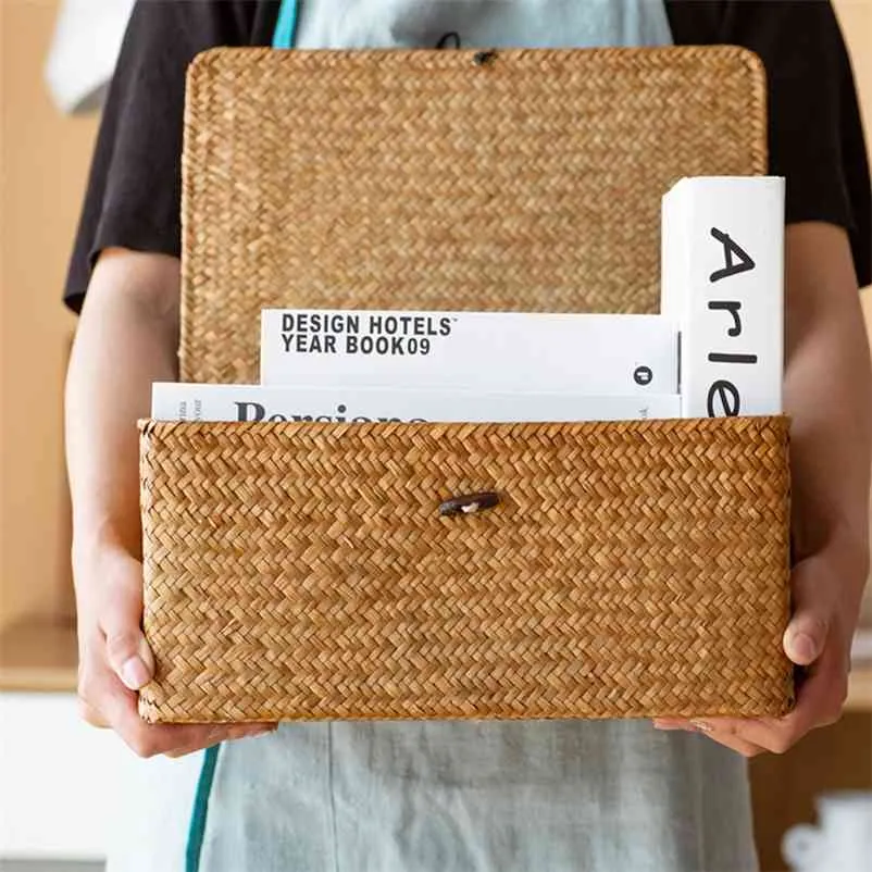 Handwoven Seaweed Storage Basket with Lid - Natural Wicker Organizer ...