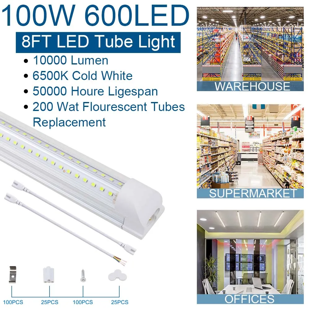 8ft LED Shop Light Fixture 8 Foot Tube T8 Integrated Linkable Bulbs For ...