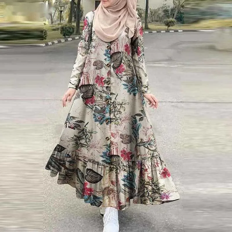 Plus Size Muslim Women Maxi Dress Long Sleeve Halter Neck Natural ...