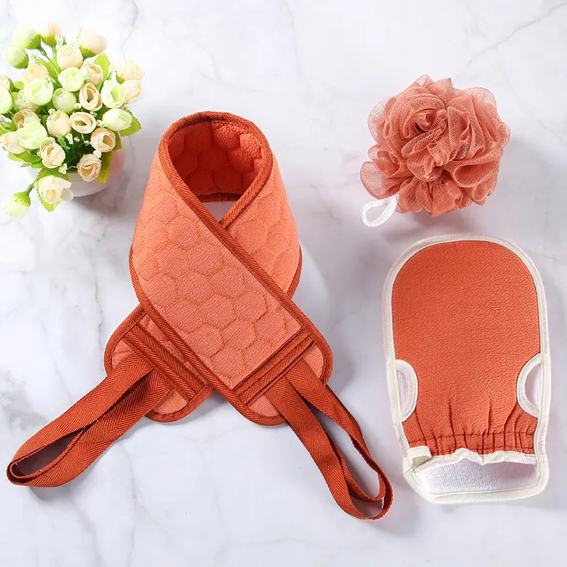Exfoliating Bath Set: Long Back Scrubber Strap, Towel, Sponge & Body ...