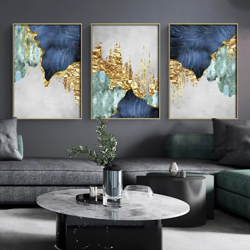Nordic Blue Gold Abstract Canvas Wall Art Print Wspo czesny wystroj domu 50x70cm bezframent