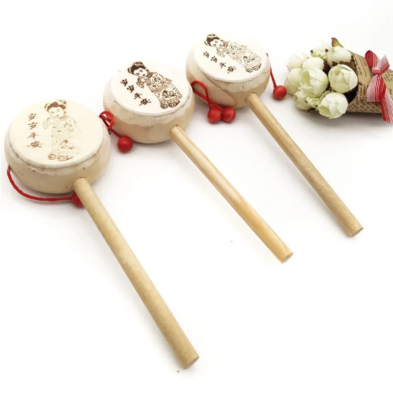 Chinese Traditional Spinning Drum Rattle Hand Bell Natural Wood Cartoon ...