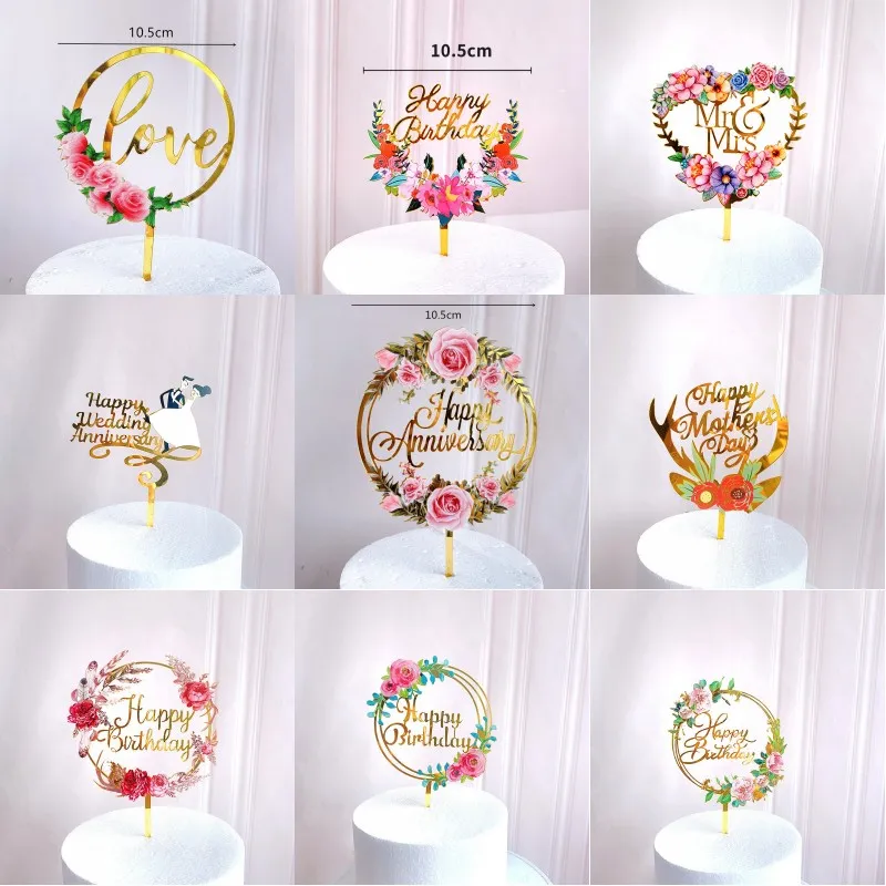 Flores Feliz Cumpleaños Cake Topper Color Floral Impreso Acrílico ...