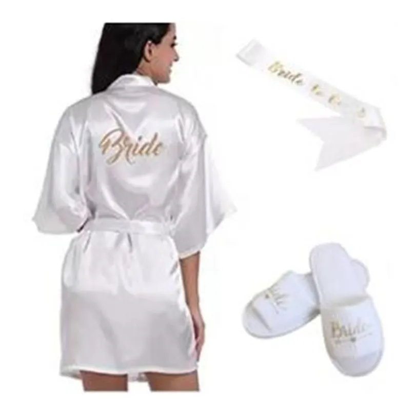 DHgate.com:3Pcs Glitter Gold Satin Bridal Robe Set with Sash and ...