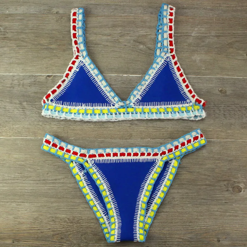 Hand Crocheted Halter Blue Crochet Bikini Top Sexy Two Piece Swimwear ...